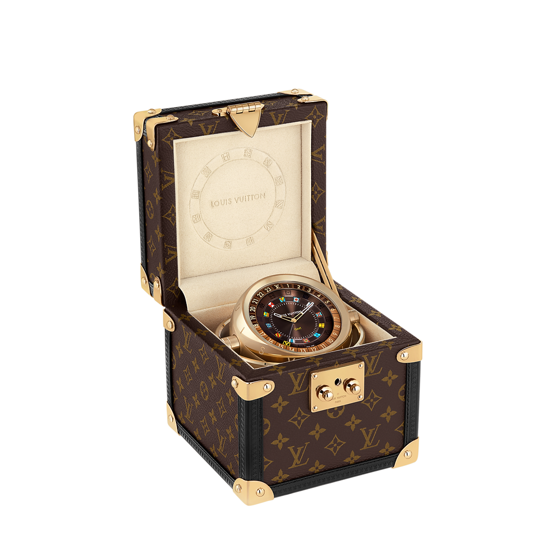 Trunk Table Clock, Quartz, 80mm, Brass, Monogram - All Watches | LOUIS ...